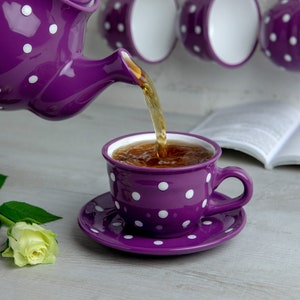 Purple Large Teacup | LARGE Cup and Saucer, Handmade White Polka Dot ...