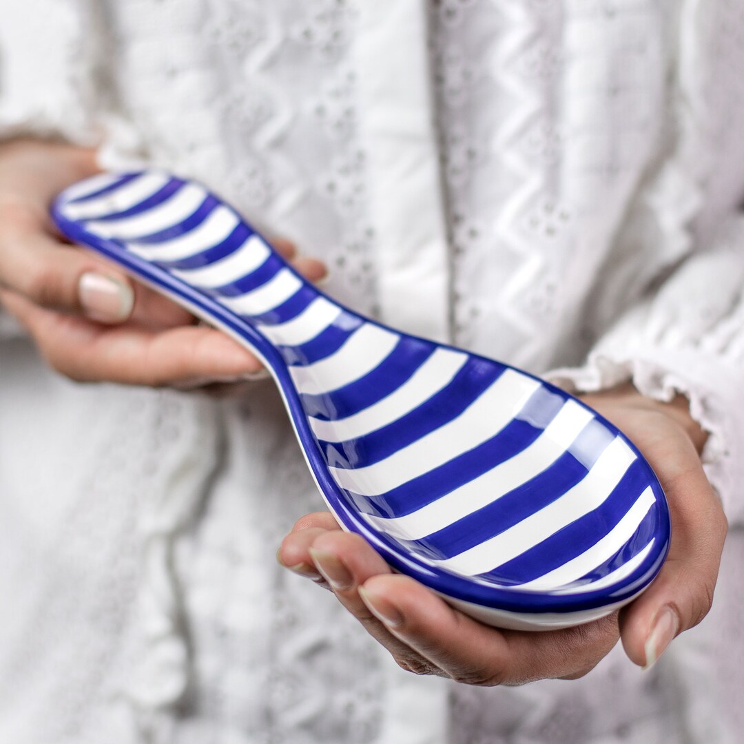 Handmade Ceramic Spoon Rest, Navy Blue Stripe, Coastal Kitchen Decor - Etsy