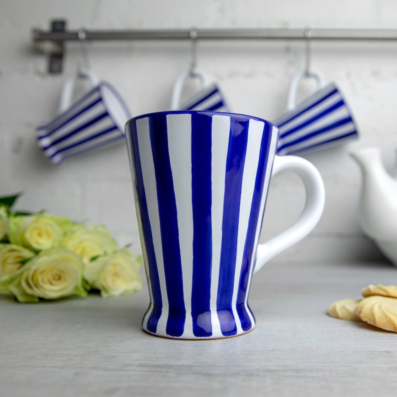 Navy Latte Mug Stoneware Coffee Mug Handmade Blue Stripe - Etsy