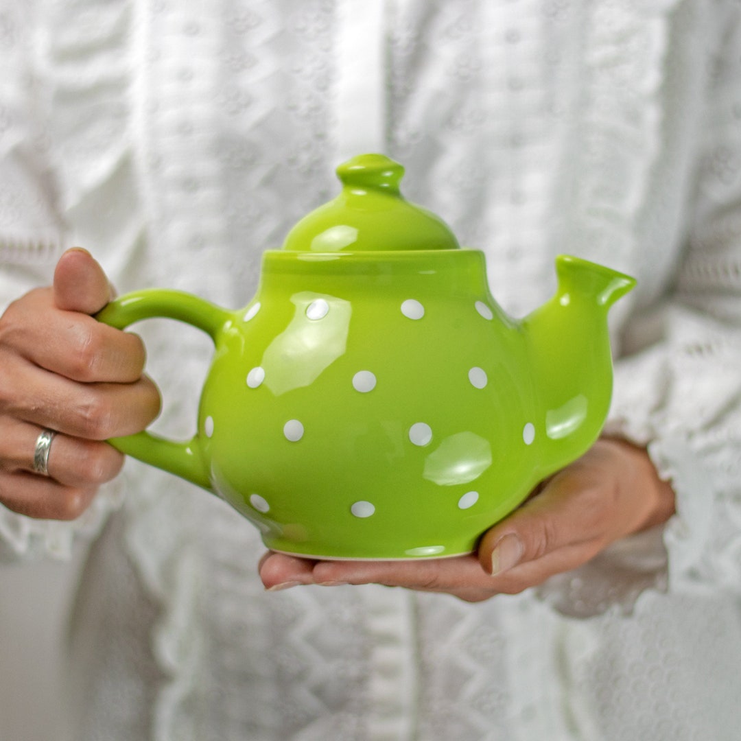 Green Ceramic Teapot, Handmade Pottery Tea Pot, for 1-2 CUP White Polka ...