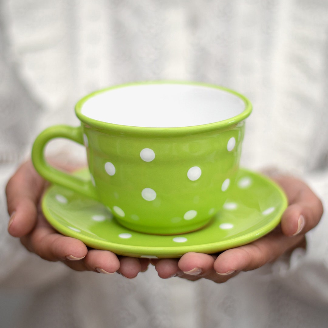 Green Large Teacup | LARGE Cup and Saucer, Handmade White Polka Dot ...