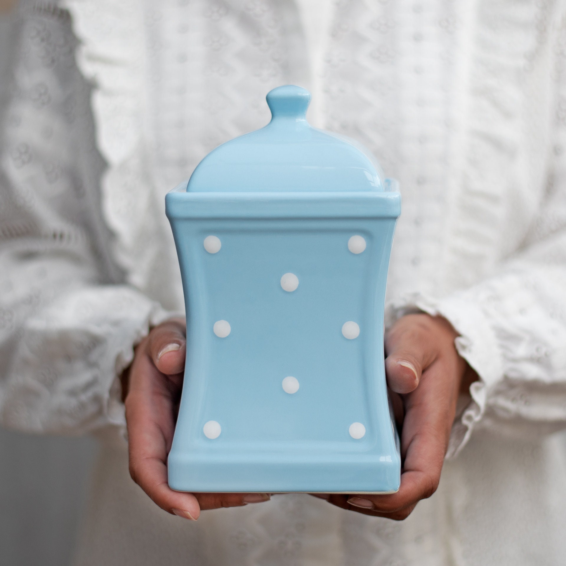 Handmade Ceramic Kitchen Canister Set | Light Blue Polka Dot Pottery - Etsy