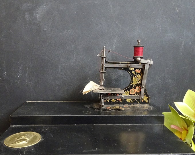 Antique French Miniature Sewing Machine on a Display Stand. Toy Sewing ...