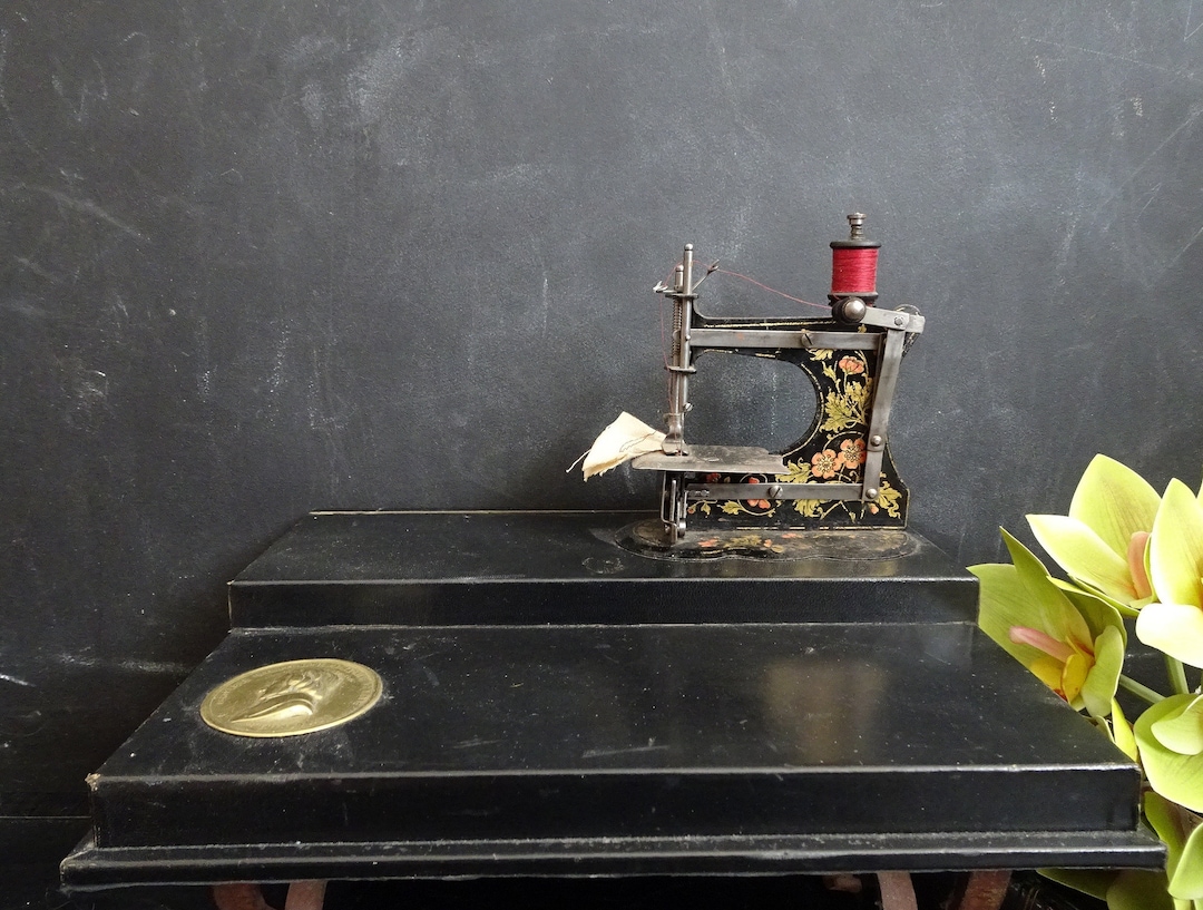 Antique French Miniature Sewing Machine on Display Stand, DRGM No 20557 ...