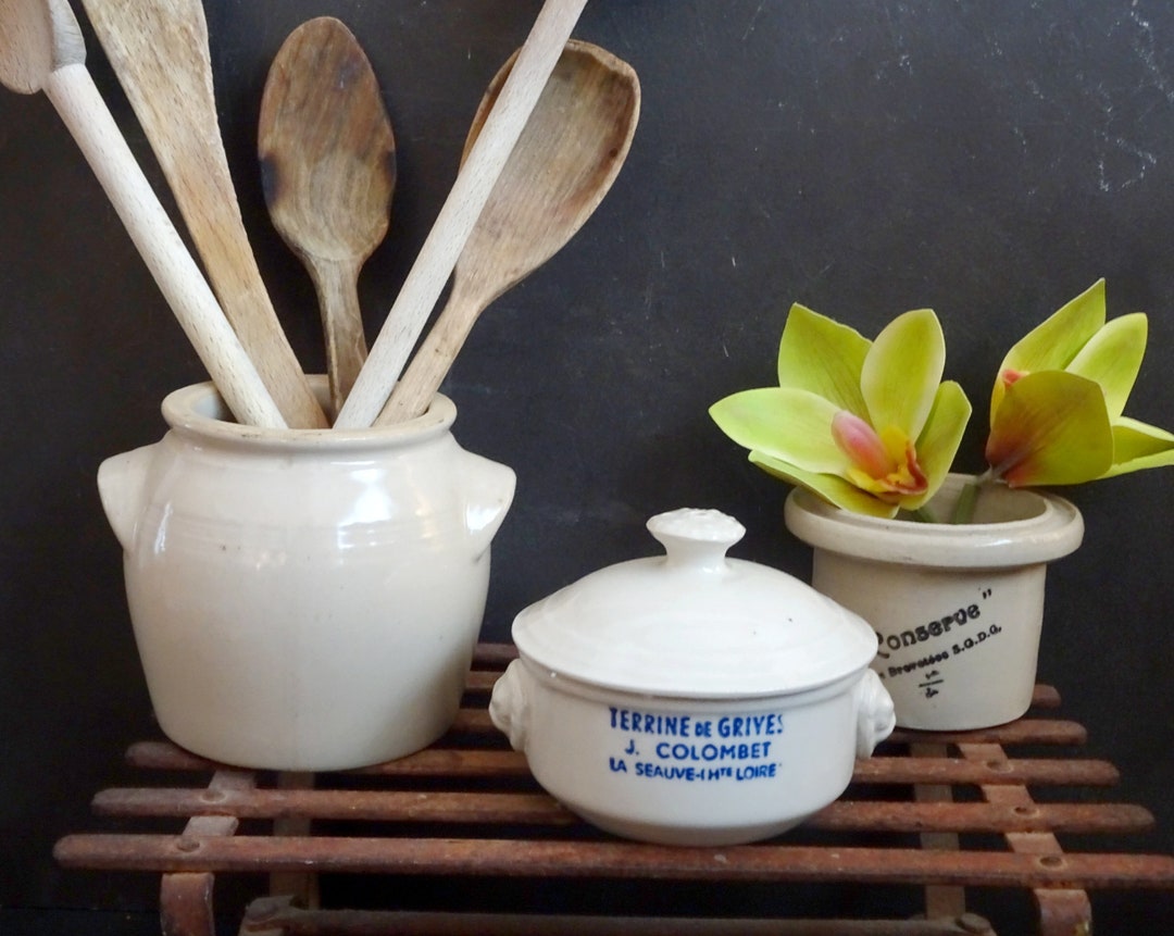 Antique Stoneware Crocks: Mismatched Kitchen Storage, Farmhouse Decor ...