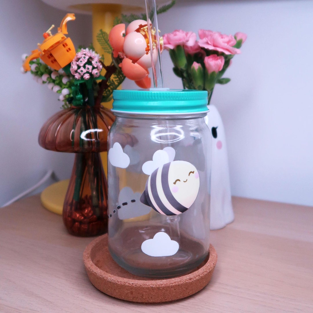 Busy Bee Glass Drinking Cup / Kawaii Bumble Bee Mason Jar Glass ...