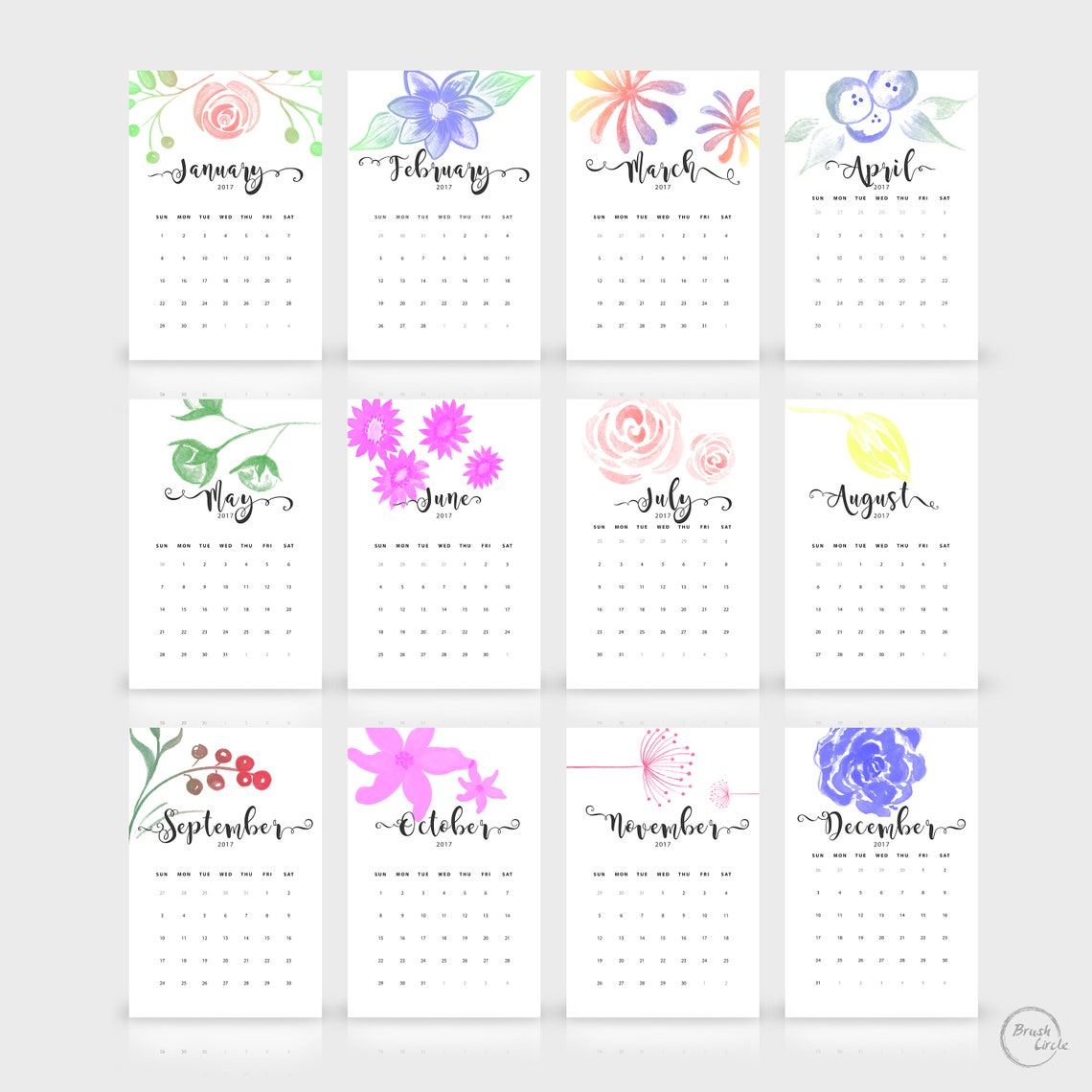 2017 + 2018 Calendar Template - 12x18 Floral Wall Calendar, Modern ...