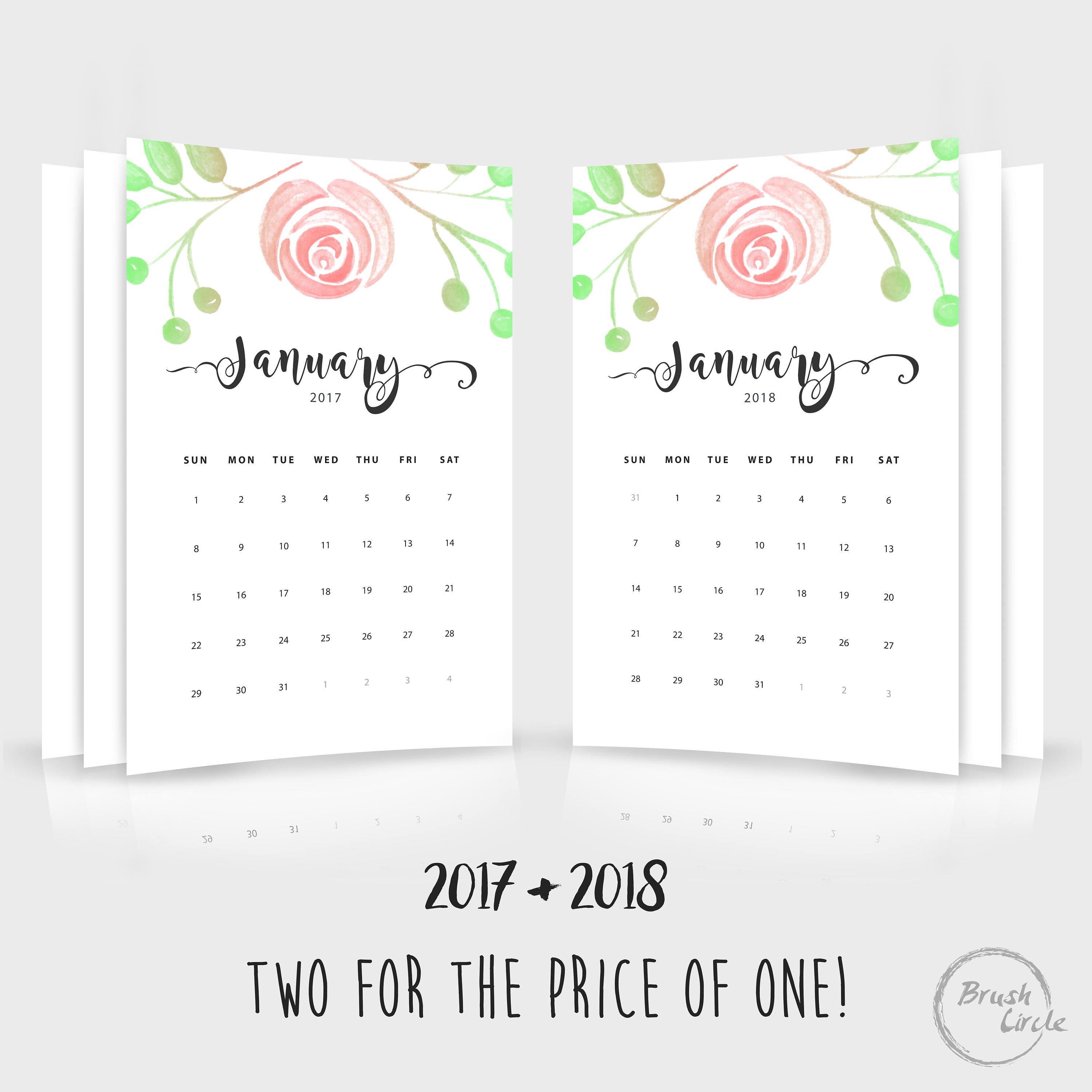 2017 + 2018 Calendar Template - 12x18 Floral Wall Calendar, Modern ...