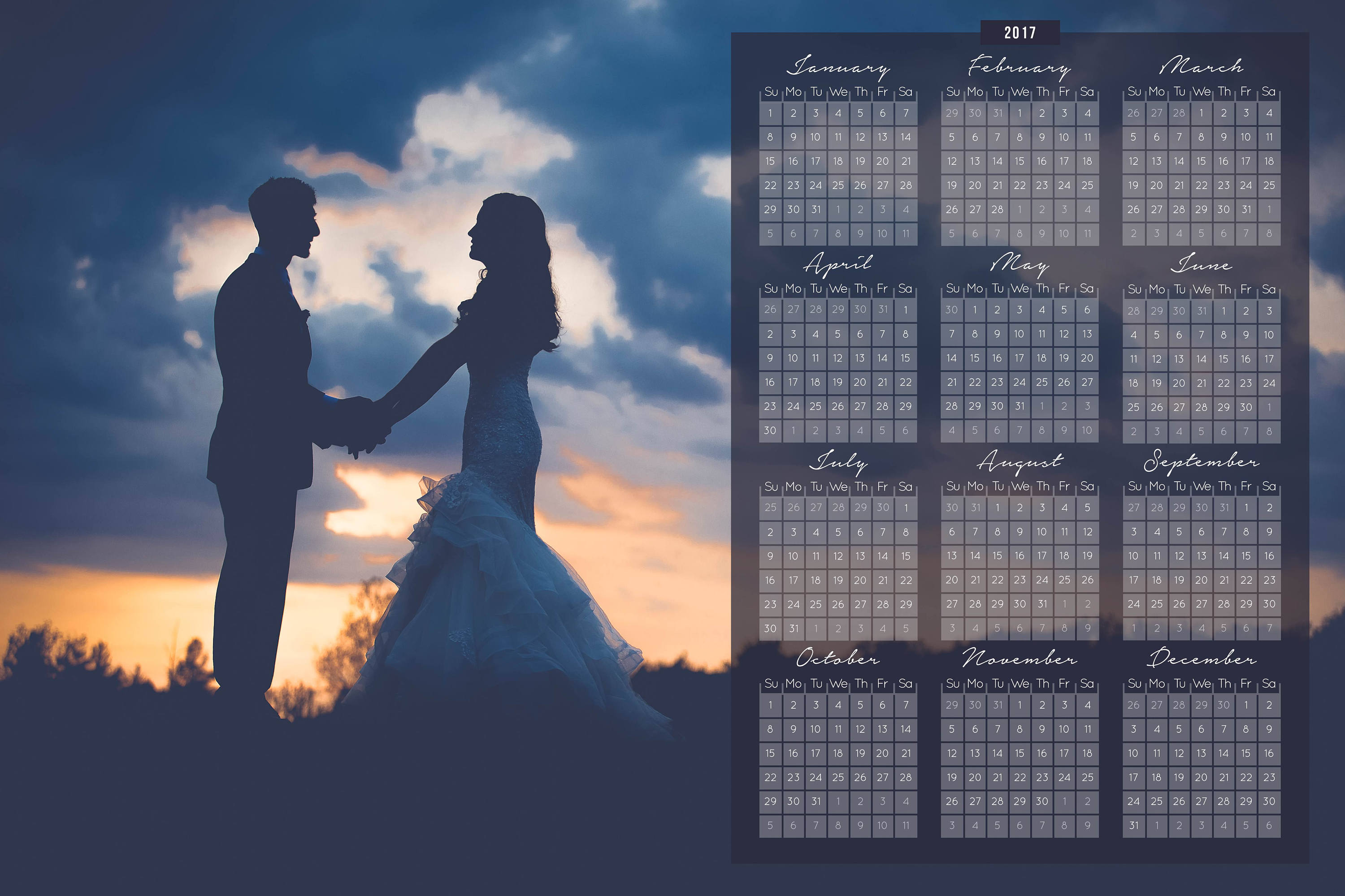 2017 2018 Calendar Template 12x18 Photo Simple Wall Calendar, Wedding ...