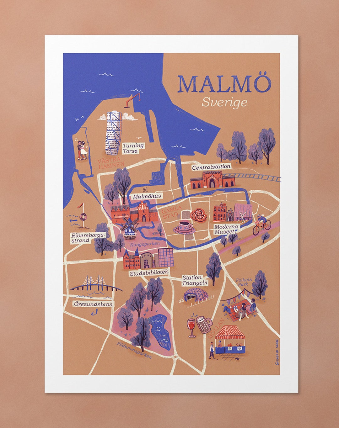 Malmo Map, Illustrated Map, Sweden Poster, Swedish Map, Scandinavian ...