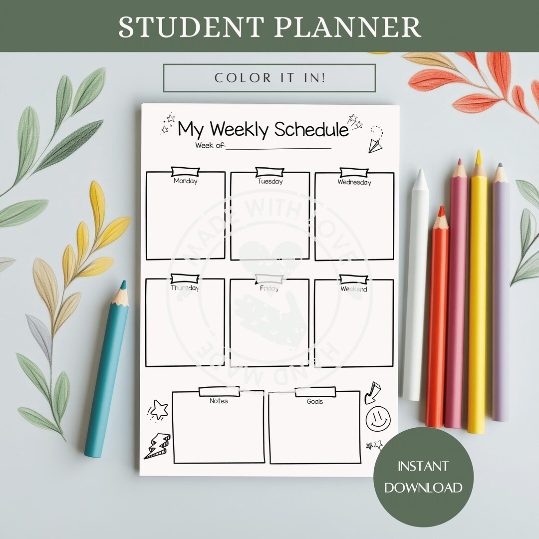 Printable Student Planner Page | Color-in Weekly Planner for Kids ...