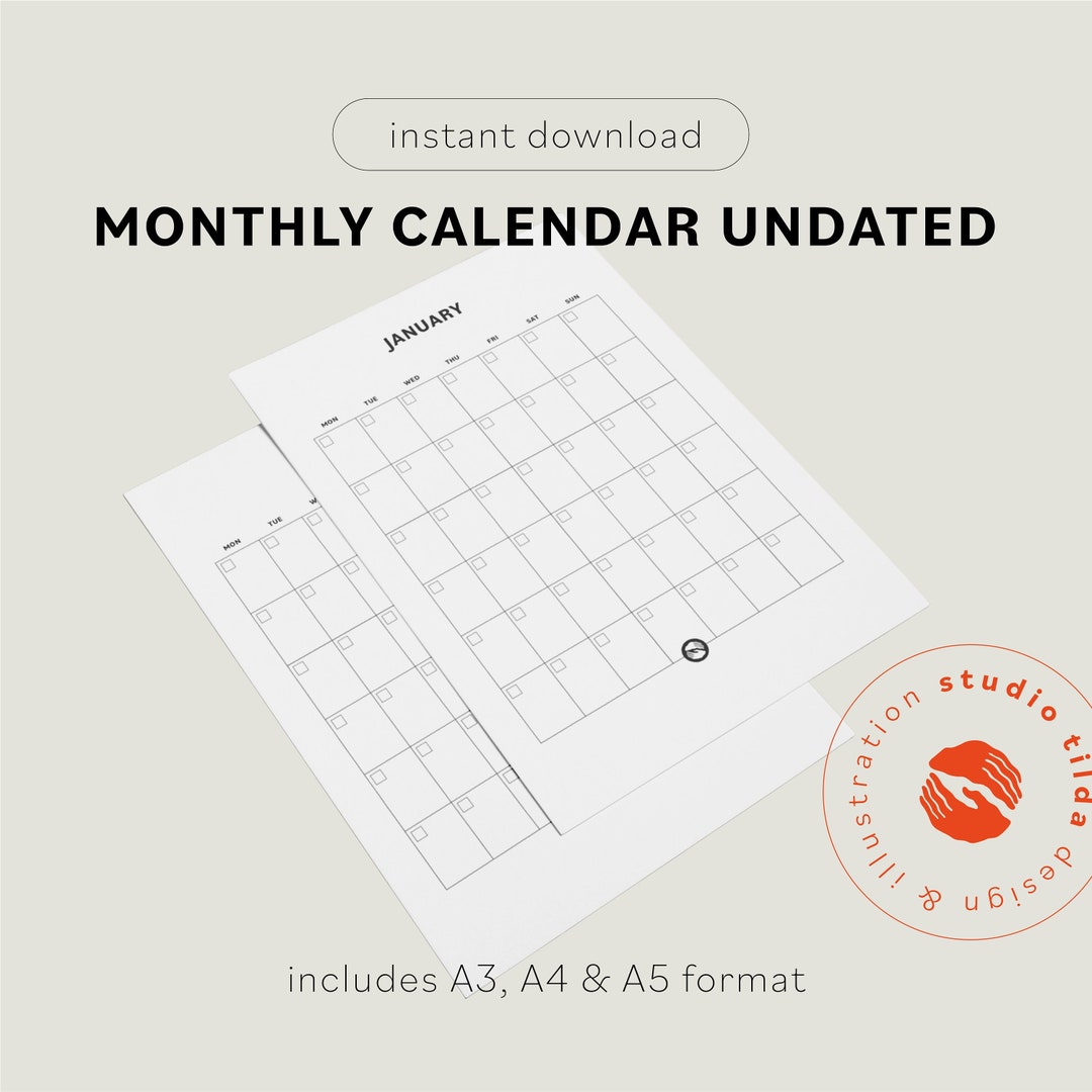 Printable Minimalist Monthly Calendar in Portrait Format Undated A3, A4 ...