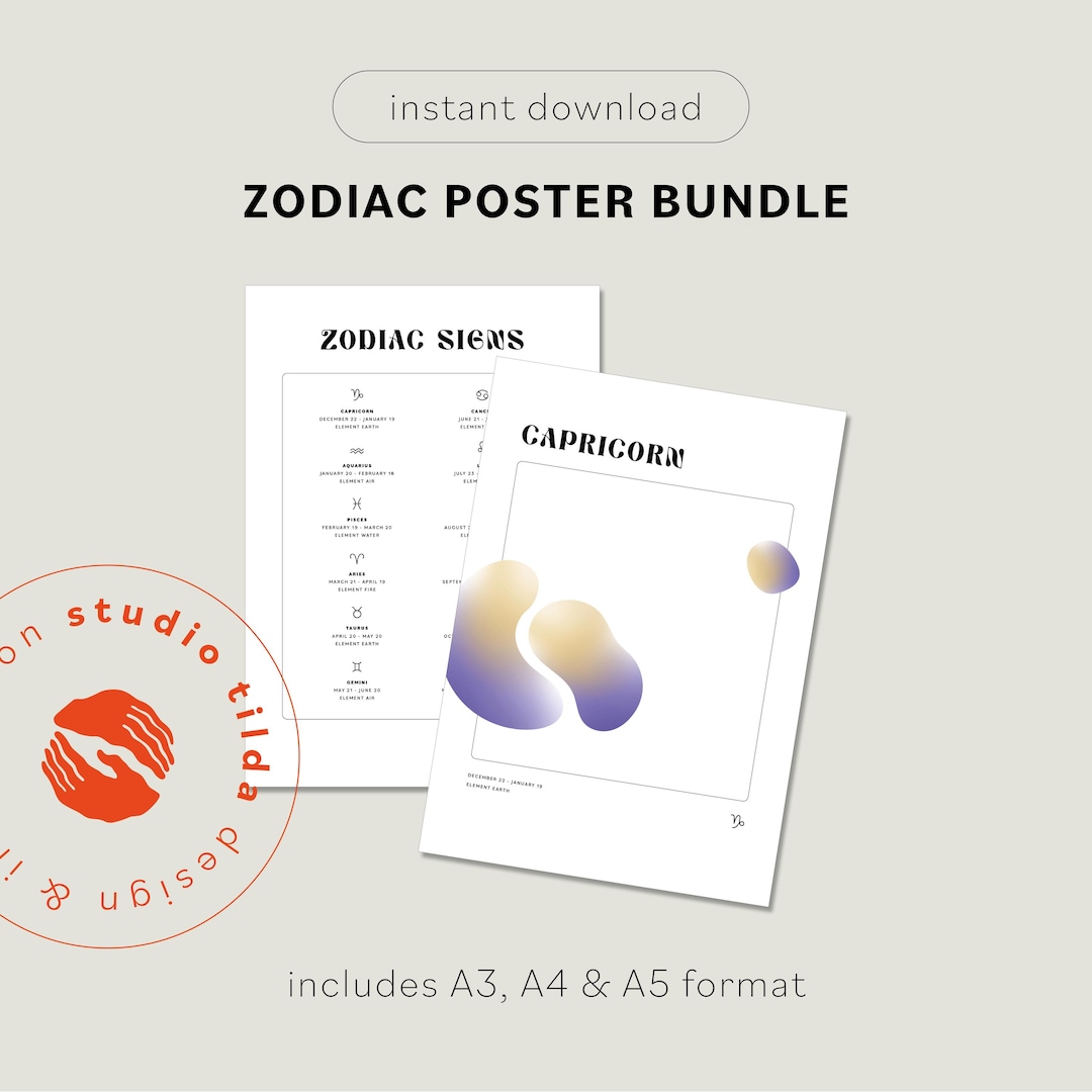 Zodiac Poster Bundle | 12 Zodiac Signs + Overview | Printable | A3, A4 ...