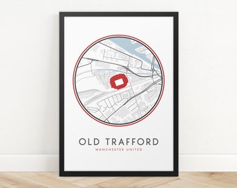 Old Trafford Stadium Map Print, Manchester United Club Location Map or ...