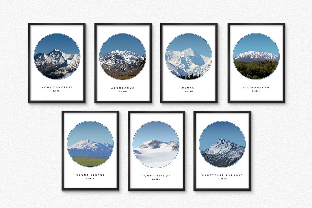 Seven Summits - Set of 7 Prints, Mount Everest, Denali, Kilimanjaro ...