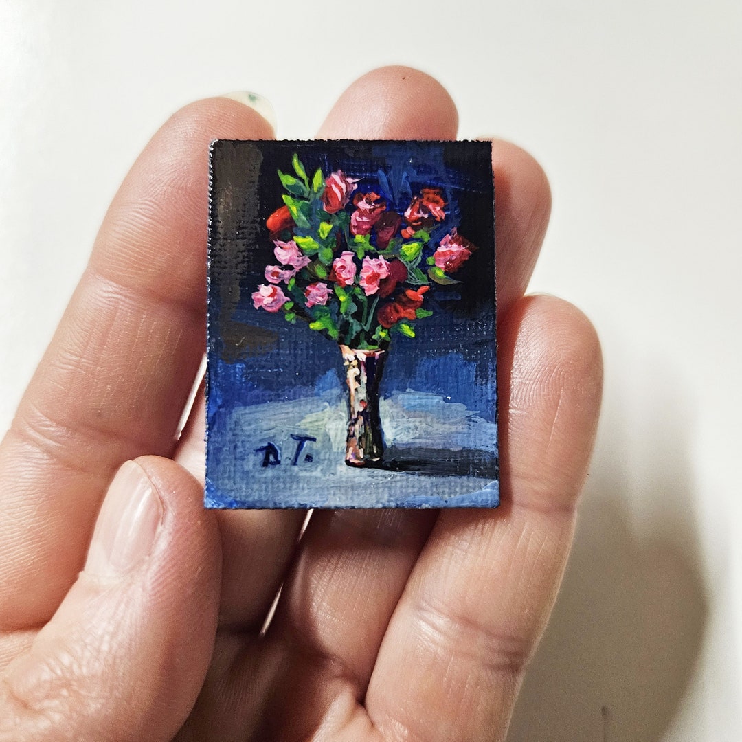Miniature Red Roses in a Vase Painting in Acrylics for Dollhouse 1 1/8 ...