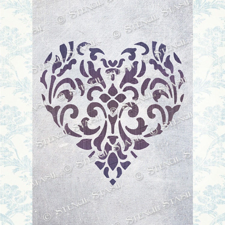 STENCIL 'damask Heart' Rustic Love Heart, Valentine, Wedding, Furniture ...
