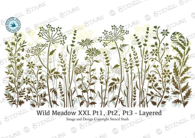 STENCIL 'wild Meadow' XXL, 3 Pt Mix and Match, Flower & Leaves ...