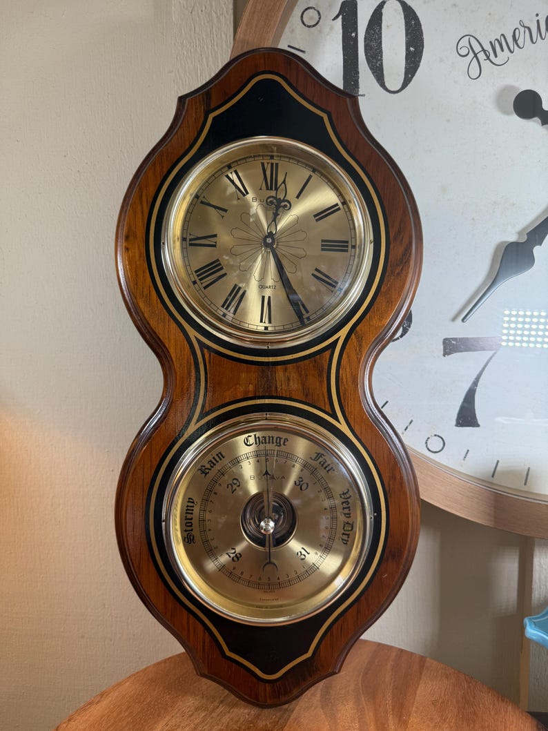 Vintage, Bulova, Wood, 2 Gauge, Clock, Weather Station, England, 23 ...