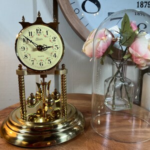 Vintage, Large, Glass Dome, Gold, Sloan, Anniversary Clock, Quartz, 12, Wreath Floral Face ...