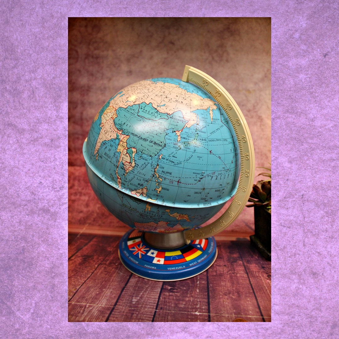 Vintage Tin World Globe Ohio Art Company 12" Metal World Flags Base (D ...