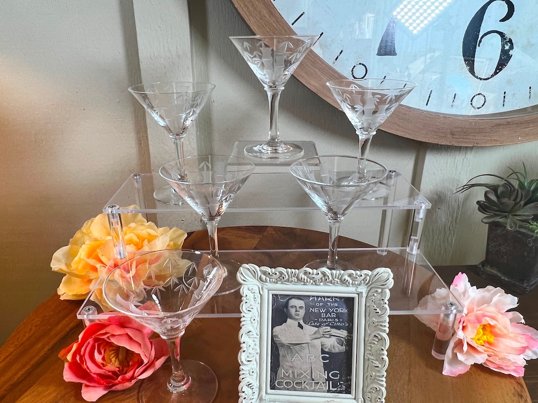 6 PC, Vintage, Noritake Crystal, Bamboo Pattern, Etched, 2 Oz. Martini ...