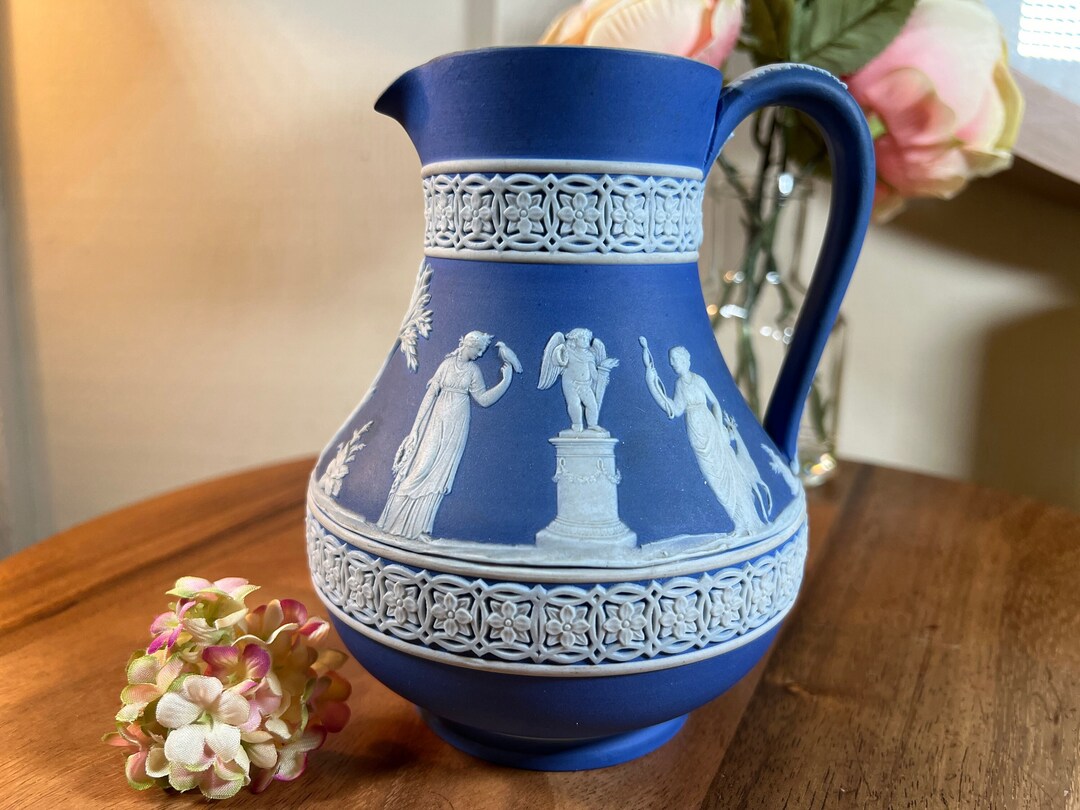 Vintage, Blue and White, Wedgewood, Pitcher, Jasper Ware, Marked, 6 ...