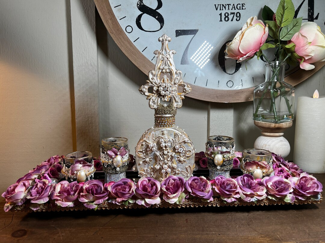 6 Piece, Embellished, Perfume Bottle Set With Tray, Votive Candles ...