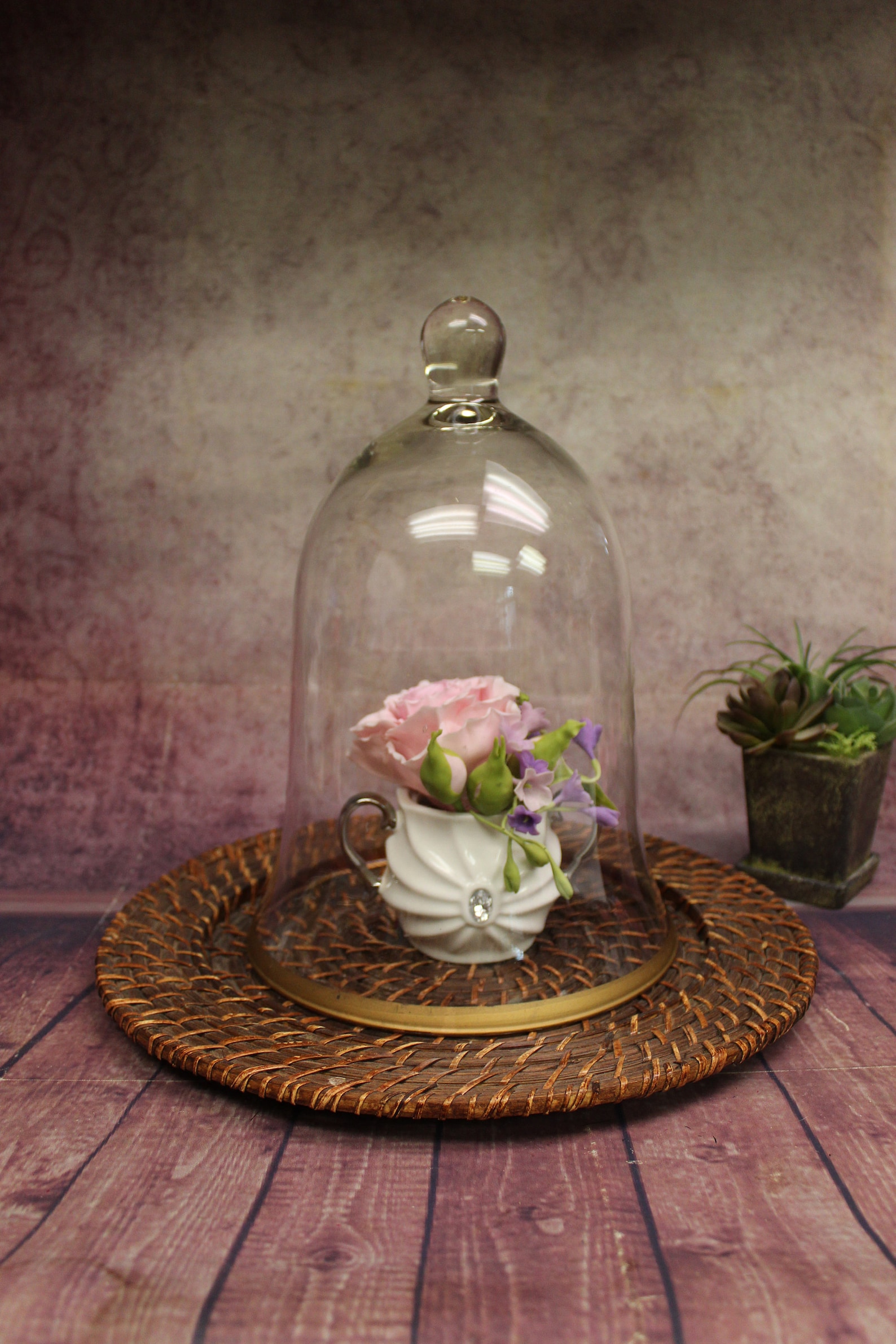 Vintage Large Glass Bell Shape Dome With Rattan Tray & Floral - Etsy