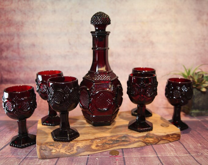 Vintage Avon Cape Cod Wine Decanter Set, With 6 Matching Goblets ...
