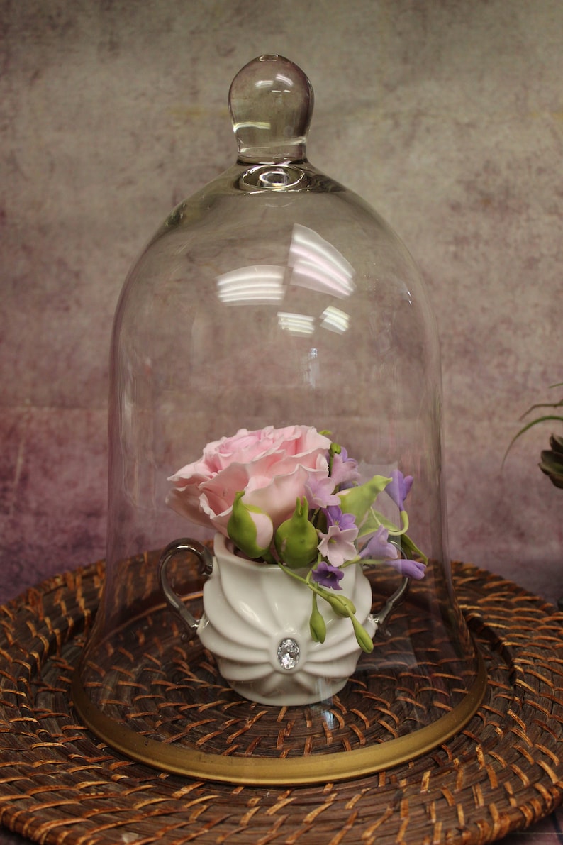 Vintage Large Glass Bell Shape Dome With Rattan Tray & Floral - Etsy