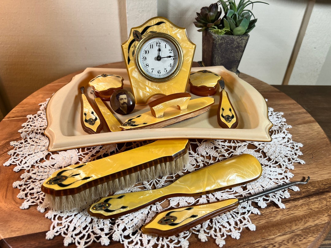 Grooming, Vanity, Dresser Set, Celluloid, Clock, 2 Covered Containers ...