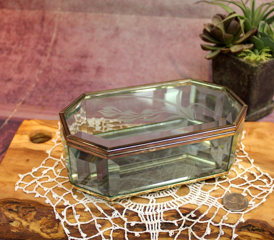 Vintage Glass Mirror Trinket Box, Keepsake Box, Etched Glass, 1980's, 6 ...