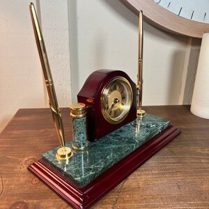 Vintage, Clock Desk Set, With Pens, Wood, Brass, Marble Base, 10 Inch ...