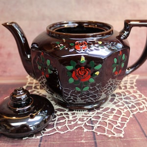 Vintage Brown Glaze Redware Ceramic Red Rose Tea Pot, 8.5", 1950's B86 ...
