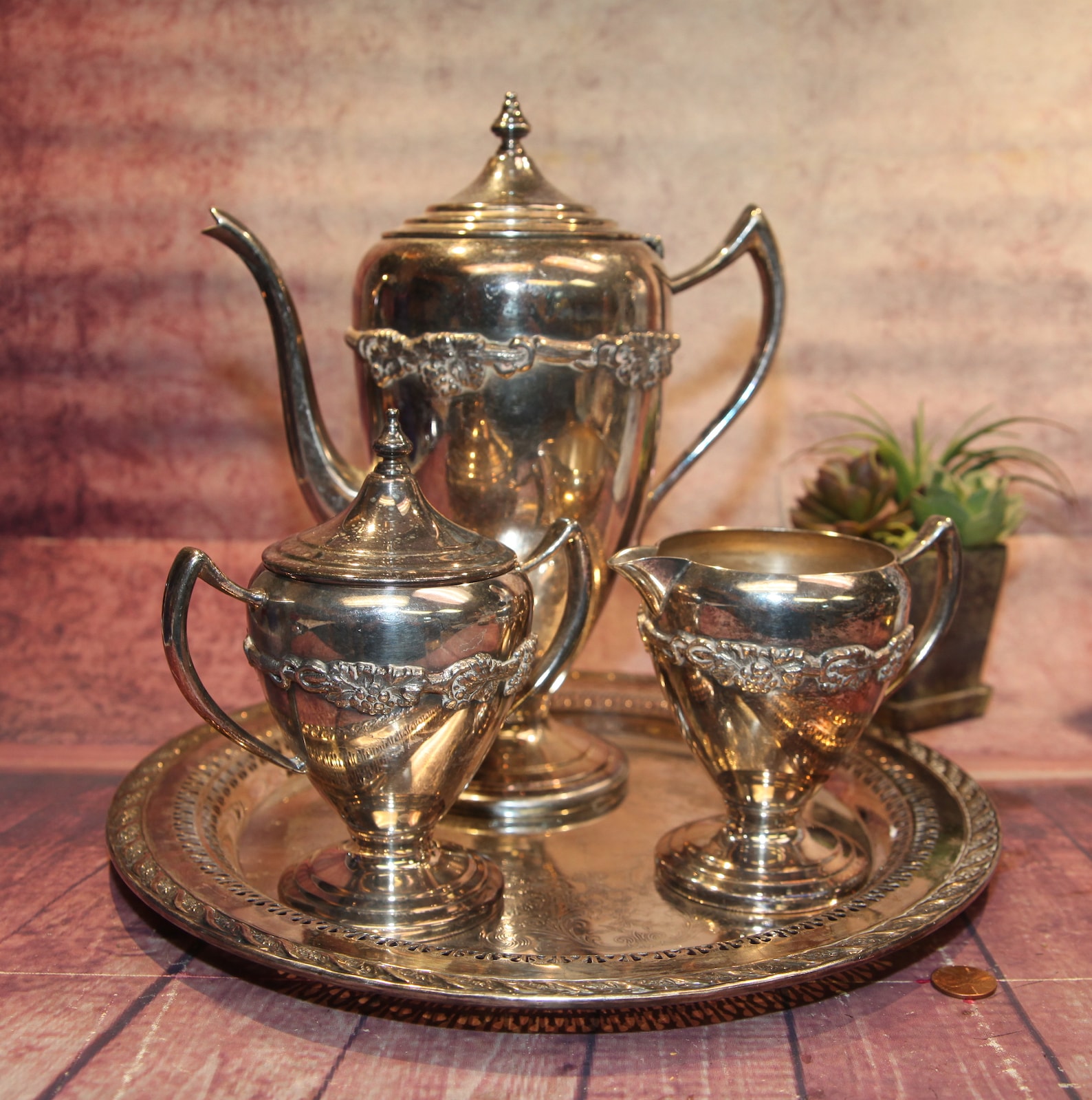 Vintage 4 Piece Silver Plate Tea Set Tea Pot Cream Sugar | Etsy