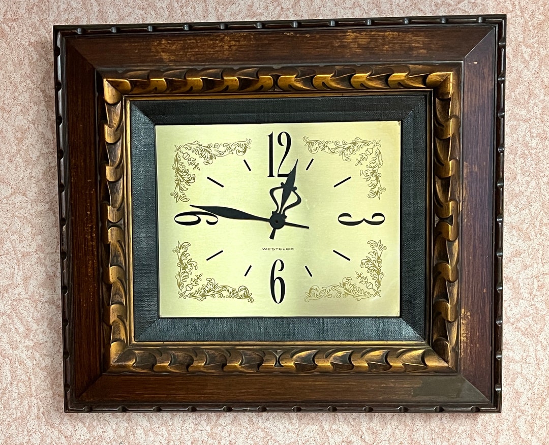 Vintage, Square, Westclox, Plastic, Wood Look Frame, Wall Clock, Quartz ...