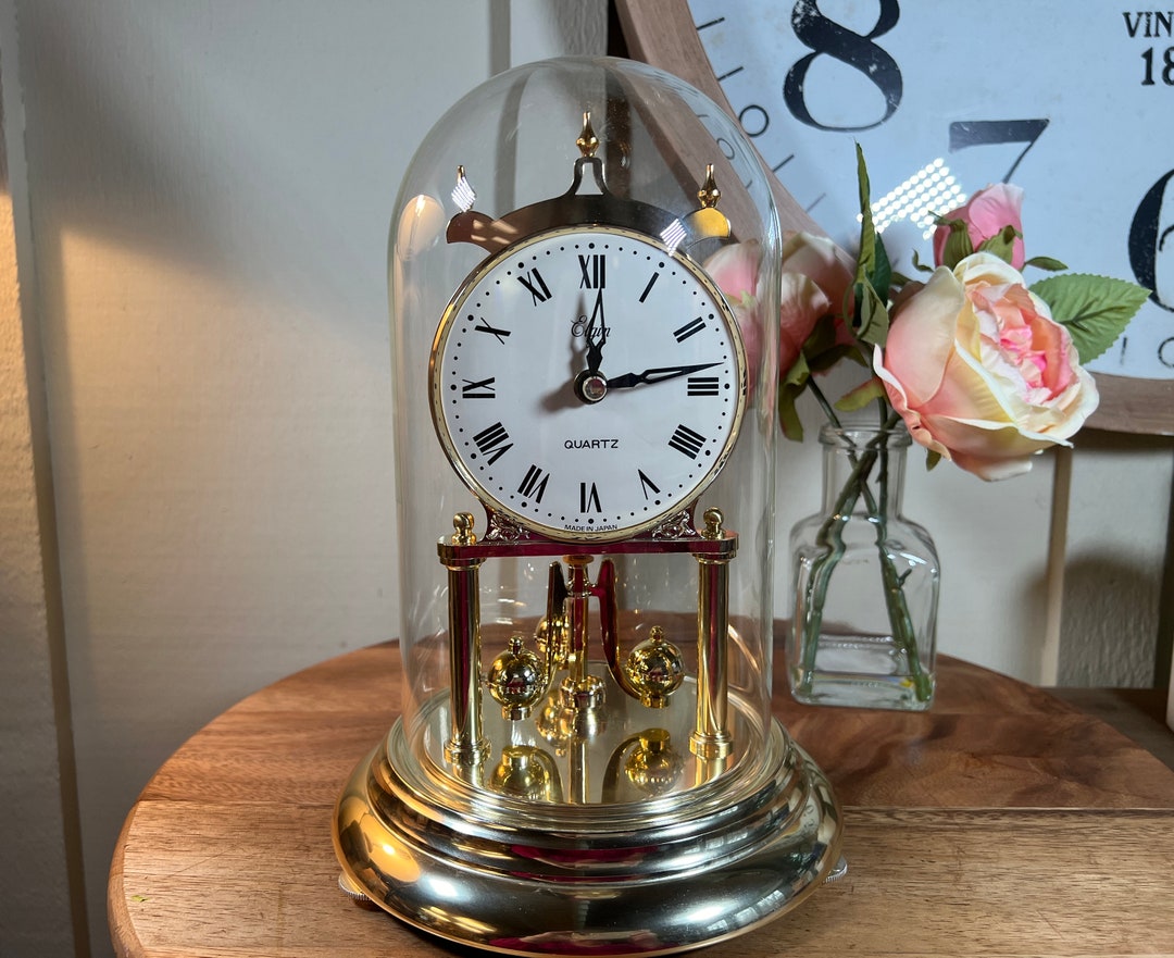 Vintage, Large, Glass Dome, Gold White, Elgin Anniversary Clock, Quartz ...