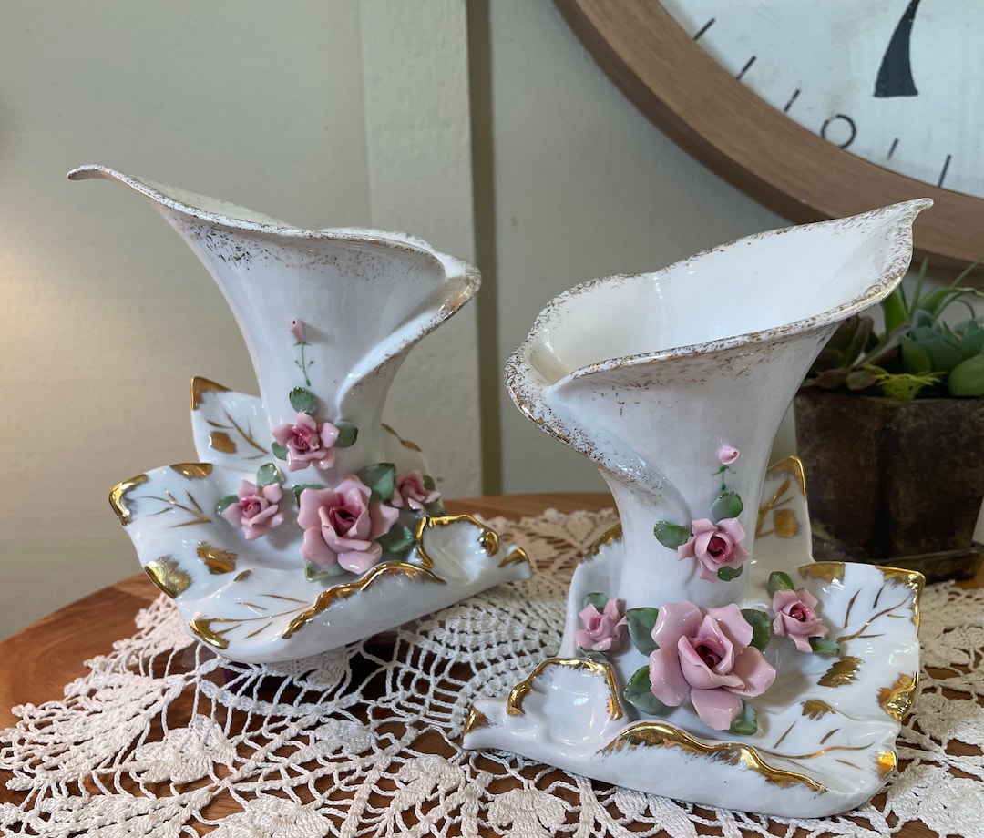 LEFTON China Hand Painted Matching Pair, 6” Tulip Shaped Floral Vase ...