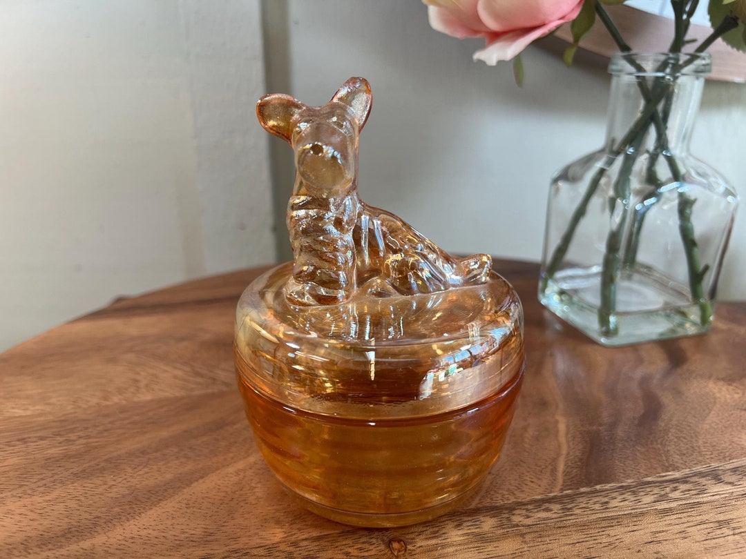Vintage Jeanette Scotty Dog, Carnival Glass, Covered, Powder, Dish ...