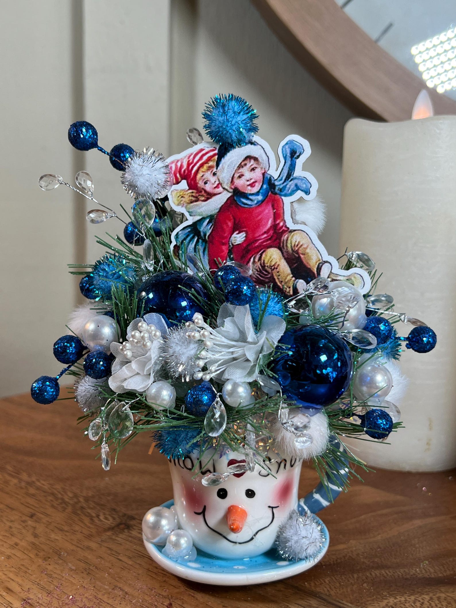 Vintage Kids Sledding, Snowman Tea Cup, Christmas Arrangement ...