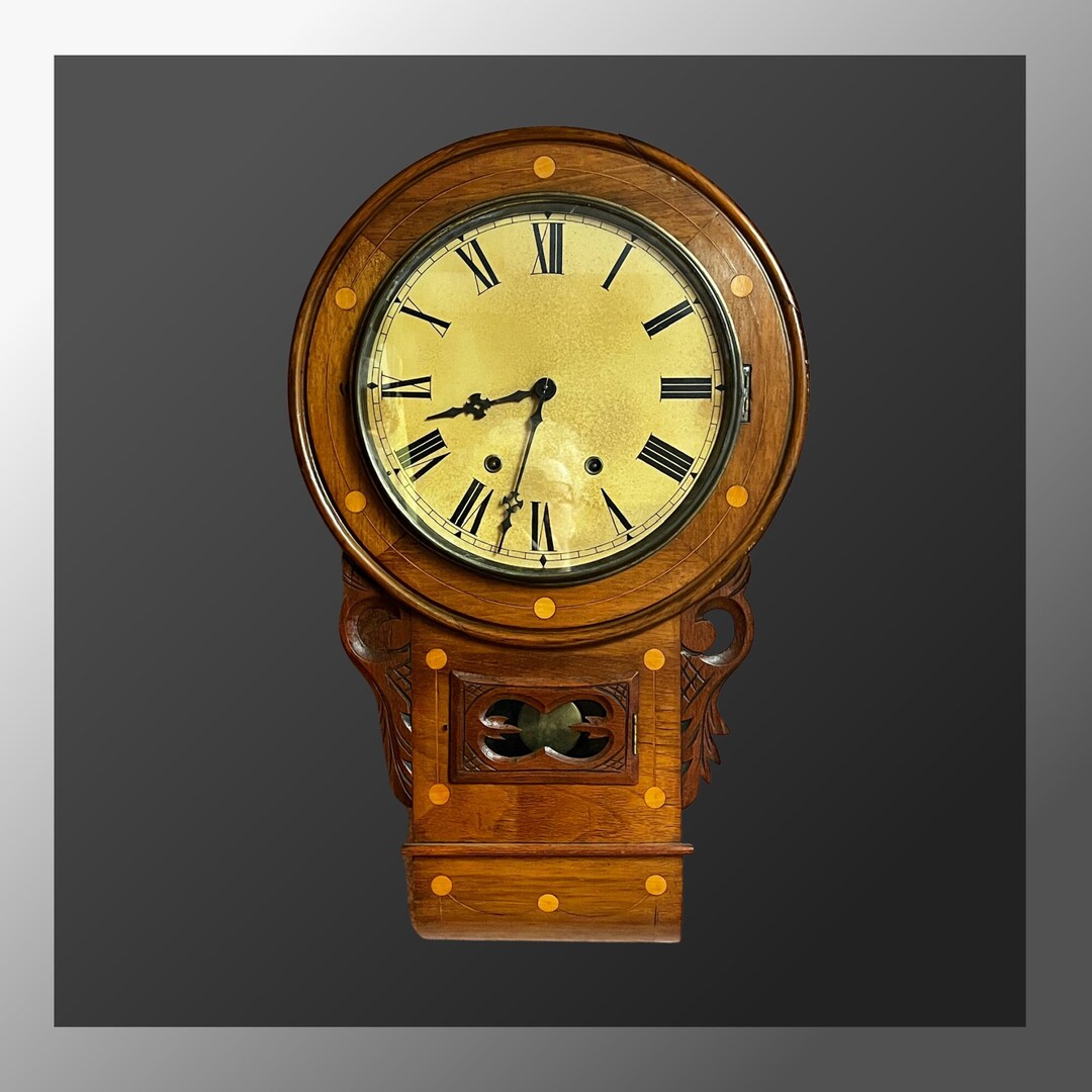 Antique, ANGLO, American, Inlay Wood, Wall Clock, New Haven Movement ...