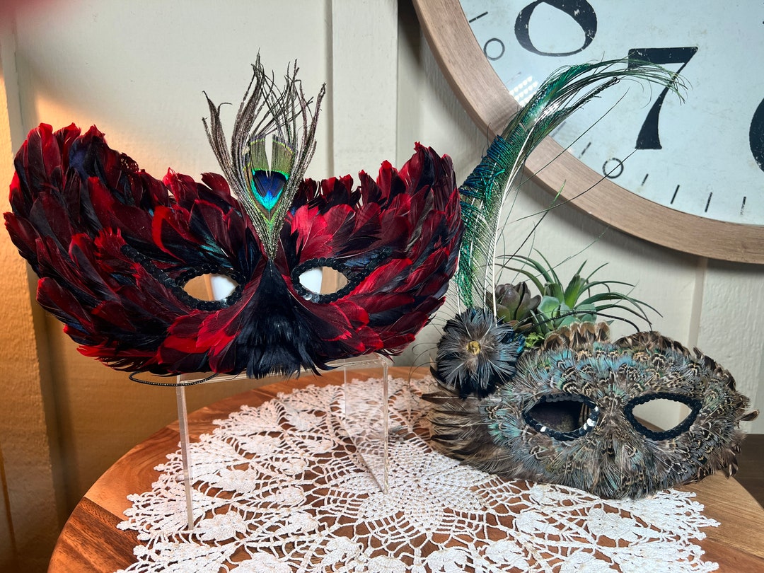 Set of 2 Vintage Feather Half Masks, Red, Brown, 1980's, Mardi Gras ...