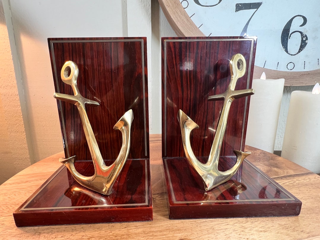 Vintage, Solid Brass and Wood, Ship Anchor, Bookends, Set, Home and ...