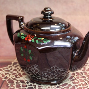 Vintage Brown Glaze Redware Ceramic Red Rose Tea Pot, 8.5", 1950's B86 ...