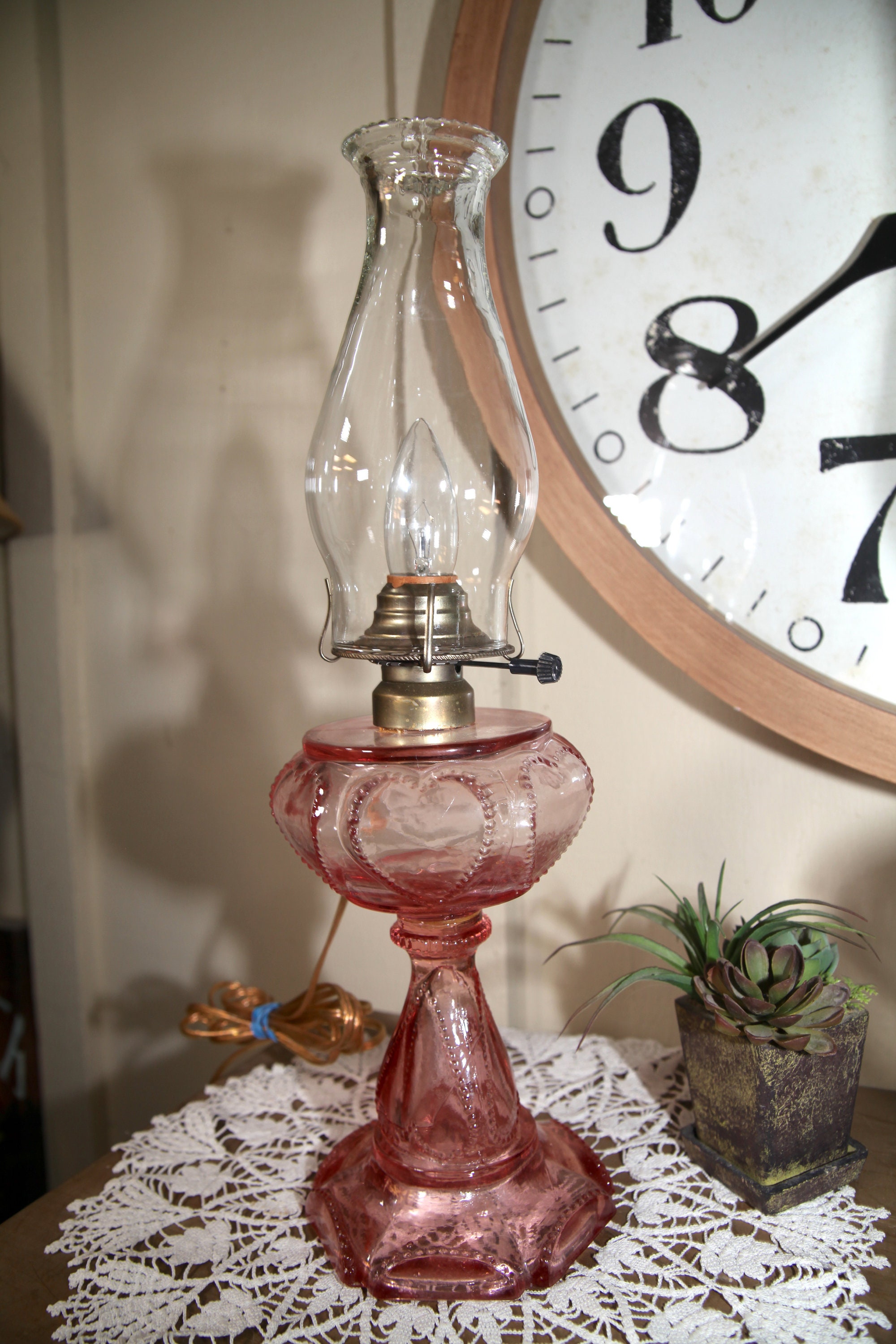 Pink Glass Oil Lamp Beaded Queen Heart vintage Sweetheart | Etsy