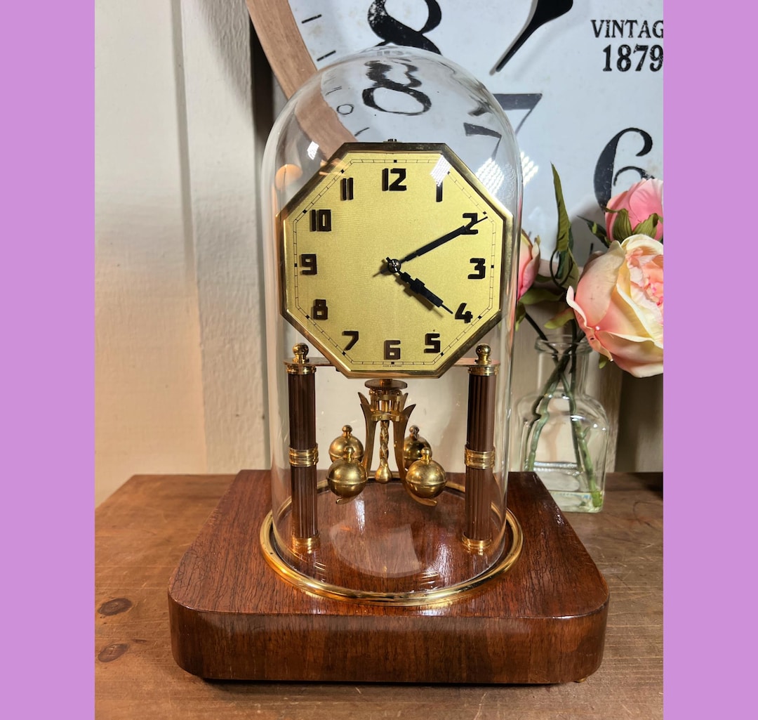 Vintage, Large, Glass Dome, Art Deco, Anniversary Clock, Mechanical, 12 ...