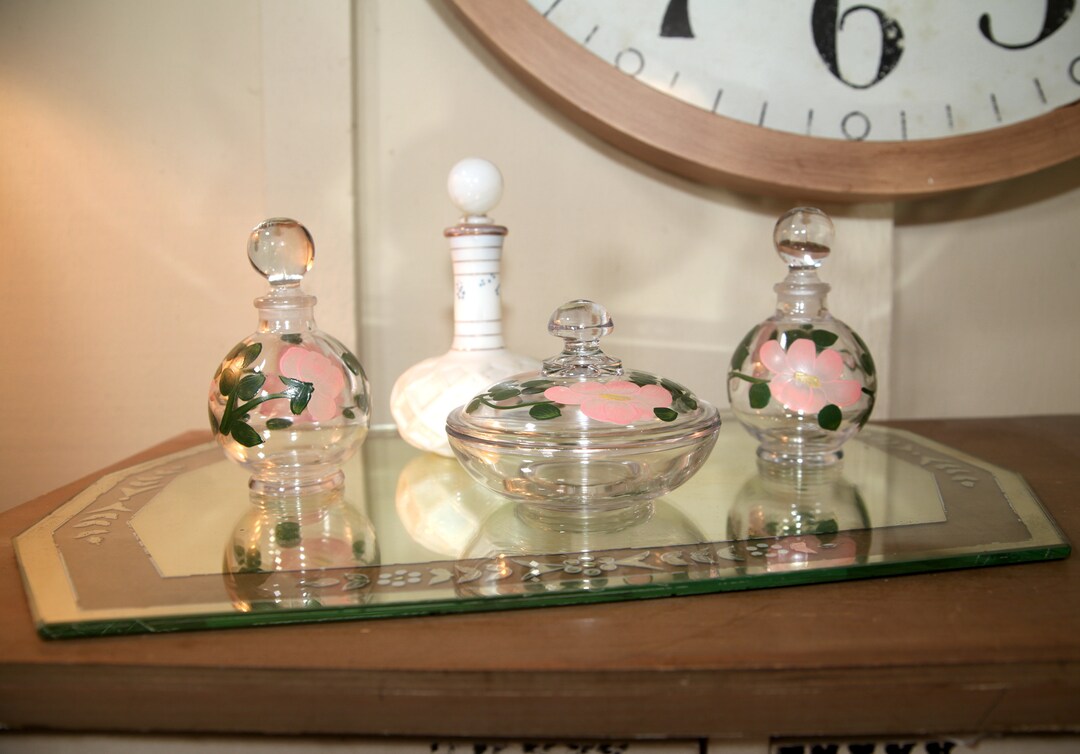 Vintage Vanity Mirror With Hand Painted Glass Vanity Set, Makeup Mirror ...