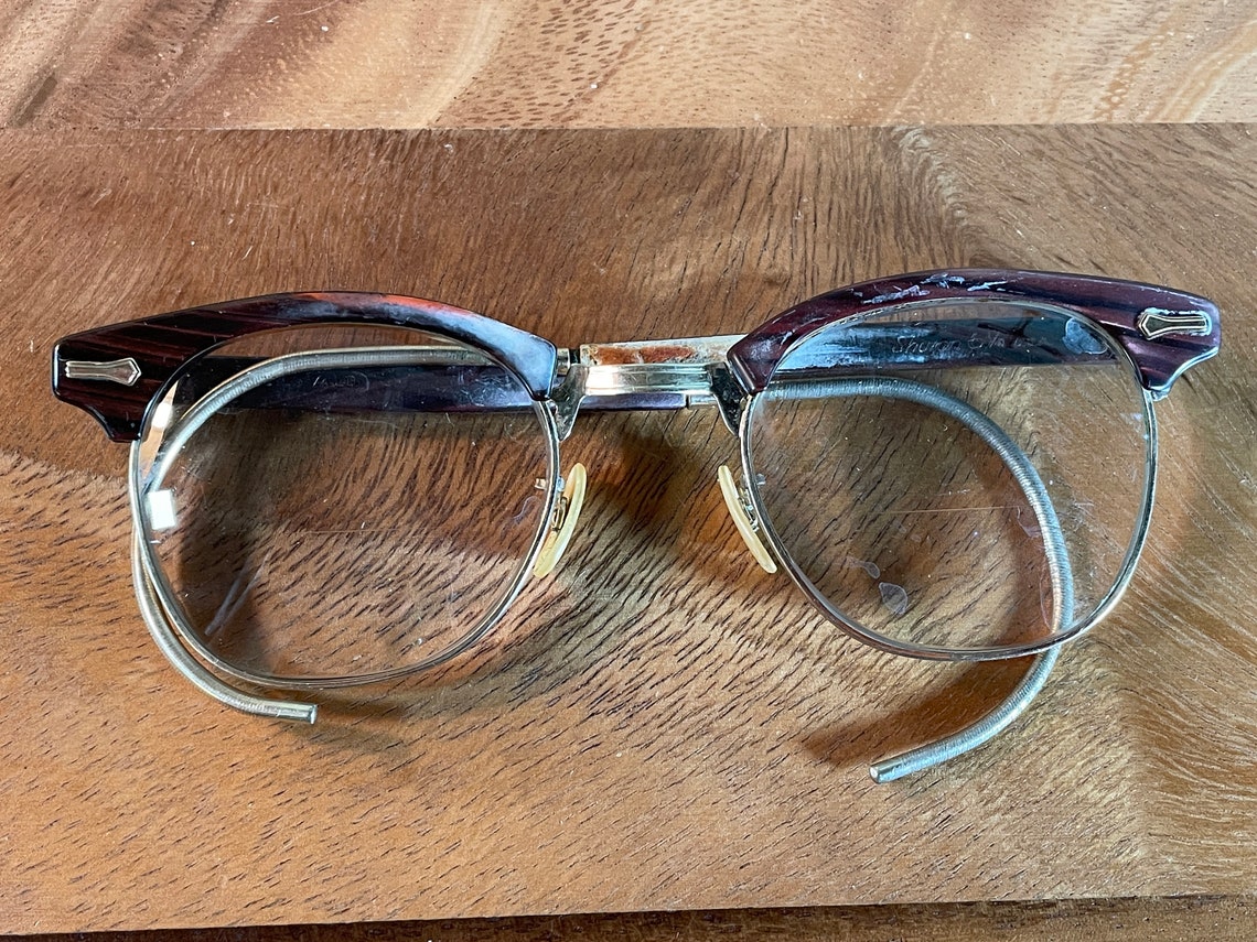 Vintage Mens Horn Rim Metal Frame Eye Glasses, Tortoise Shell, Curved ...