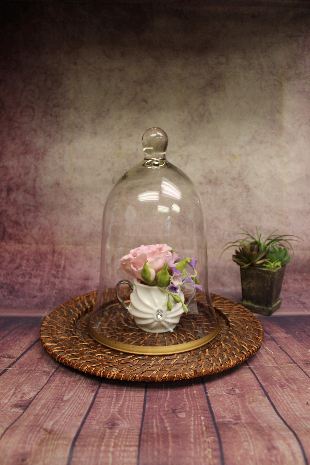 Vintage Large Glass Bell Shape Dome With Rattan Tray & Floral Mug ...